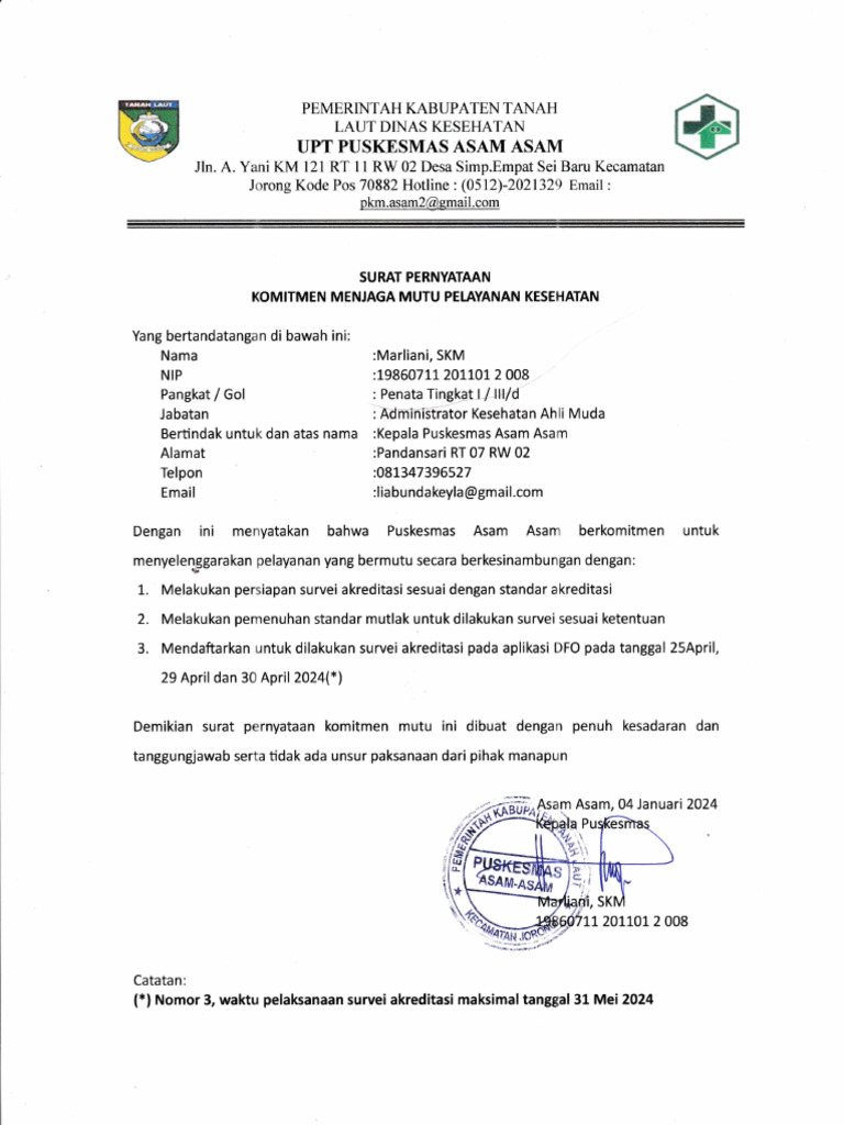 Surat Pernyataan Komitmen Menjaga Mutu Pelayanan Kesehatan | PDF