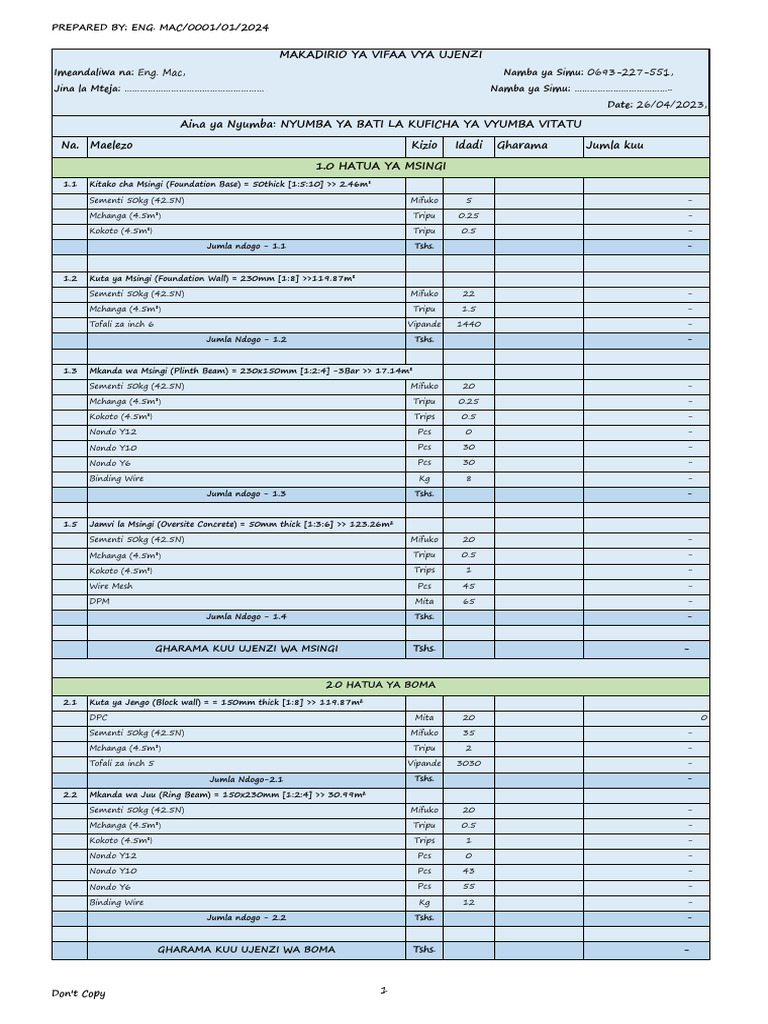 B.O.Q Sample | PDF | Civil Engineering | Structural Engineering