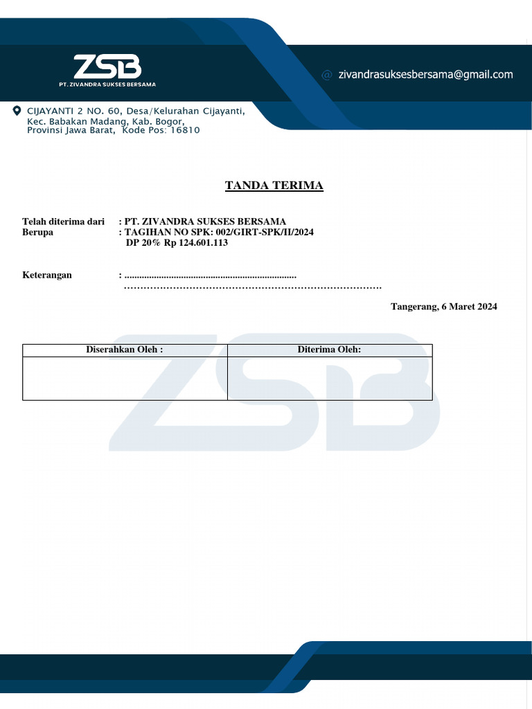 Tanda Terima - DP 20 % JLN CLUSTER | PDF