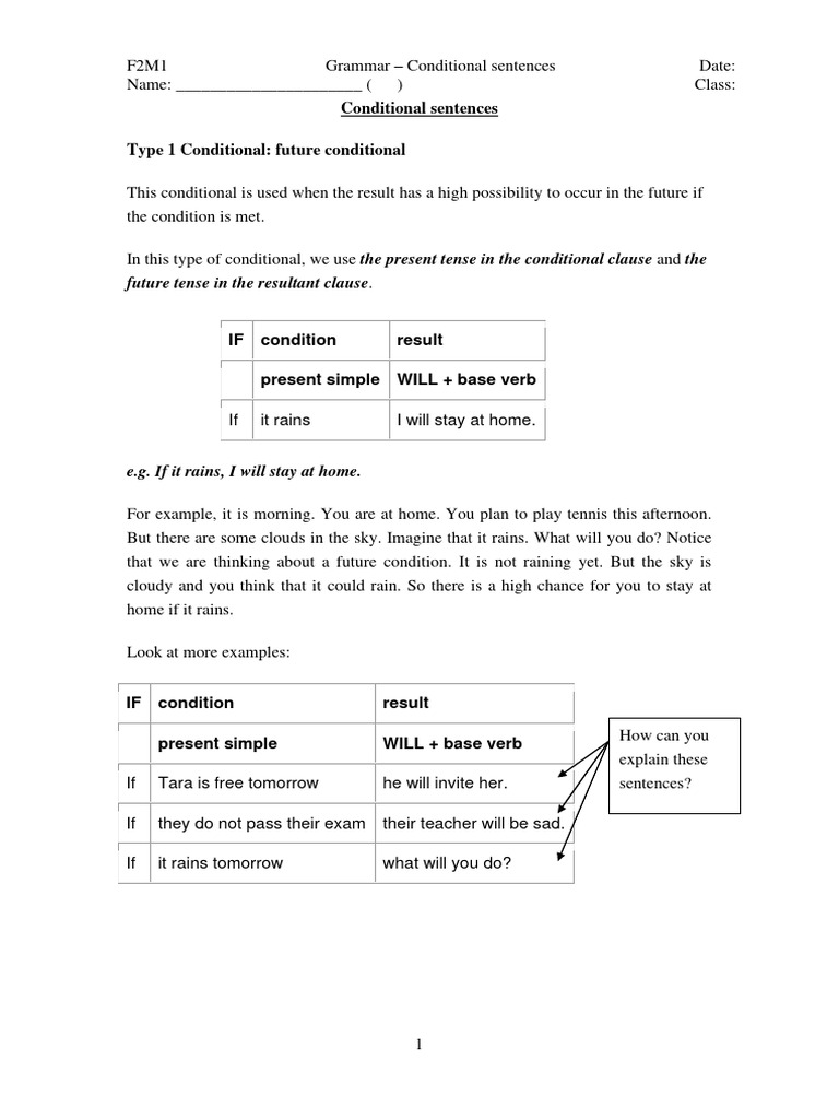 Conditionals Type 1 Notes | PDF | Sentence (Linguistics) | Syntax Conditionals Type 1 Notes | PDF | Sentence (Linguistics) | Syntax