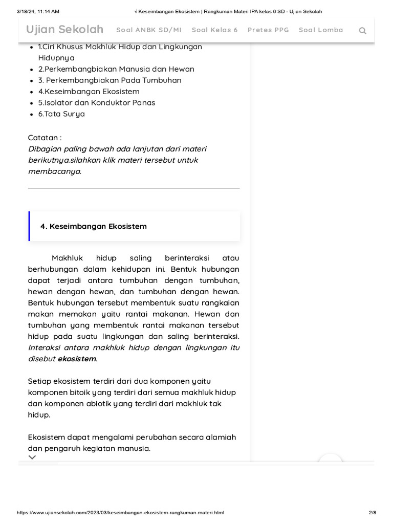 Keseimbangan Ekosistem - Rangkuman Materi IPA Kelas 6 SD - Ujian Sekolah | PDF