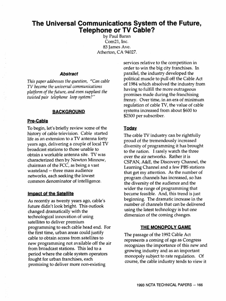 1993 The Universal Communications System of The Future Telephone or TV ...