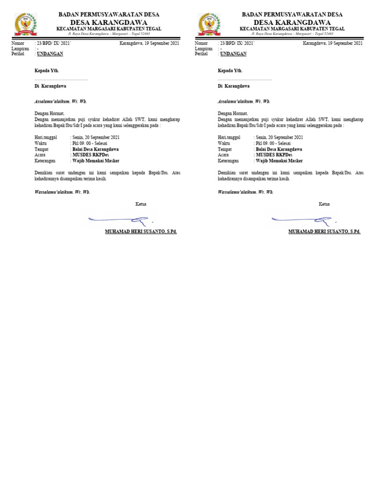 Undangan MUSDES RKPDes Karangdawa | PDF