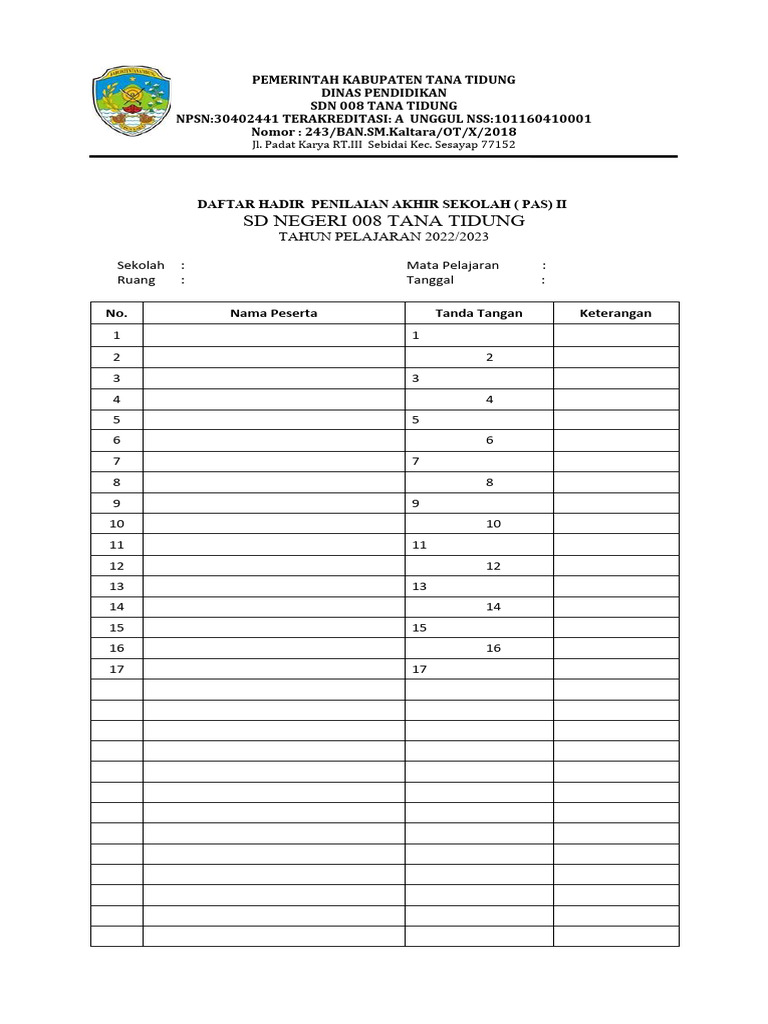 Daftar Hadir PAS SDN 008 Tana Tidung | PDF