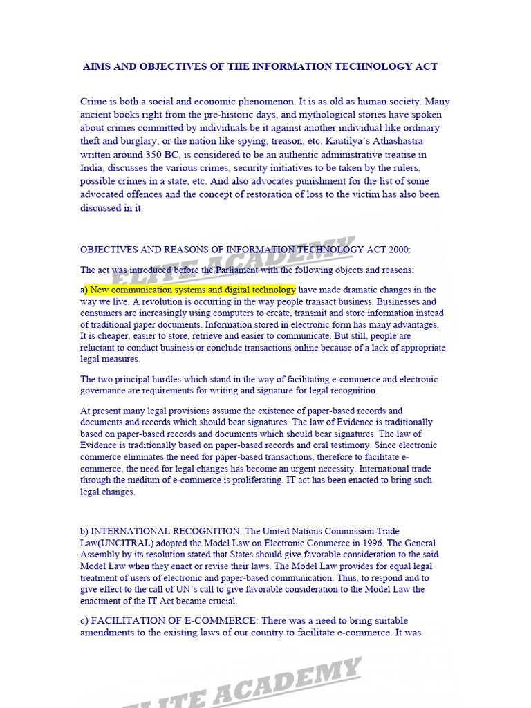 Aims and Objectives of The Information Technology Act | PDF ...