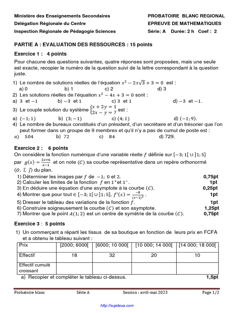 Sujet Mathematiques - Epreuve Zero - Probatoire Serie A - Session 2023 ...