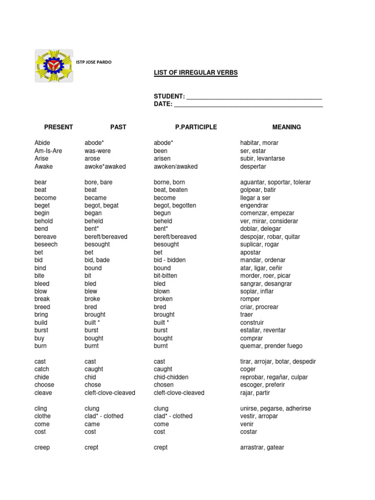 LIST OF IRREGULAR VERBS | PDF | Semantic Units | Linguistic Typology