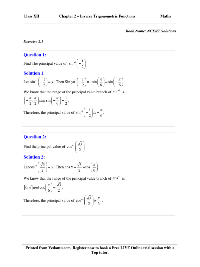 Chapter 2 – Inverse Trigonometric Functions | PDF | Trigonometric ... Chapter 2 – Inverse Trigonometric Functions | PDF | Trigonometric ...