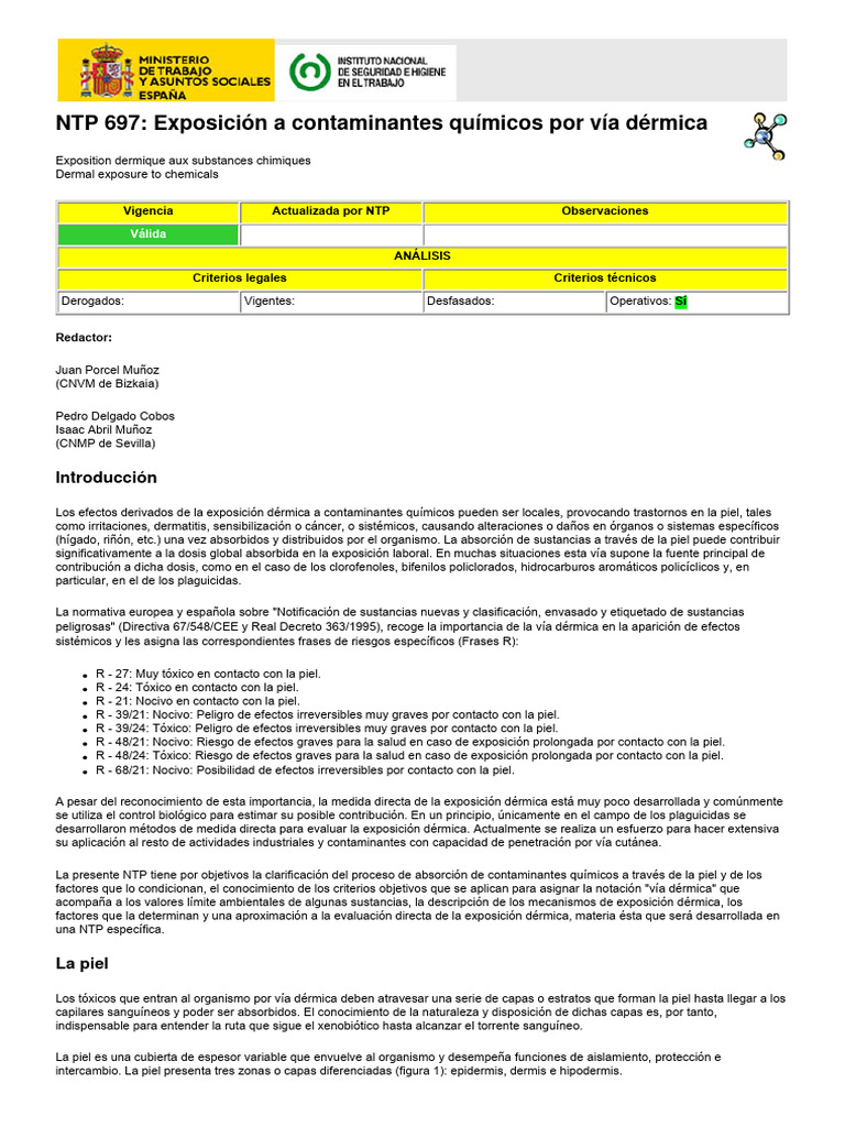 NTP 697 - Exposicion A Contaminantes Quimicos Por Via Dermica | PDF ...