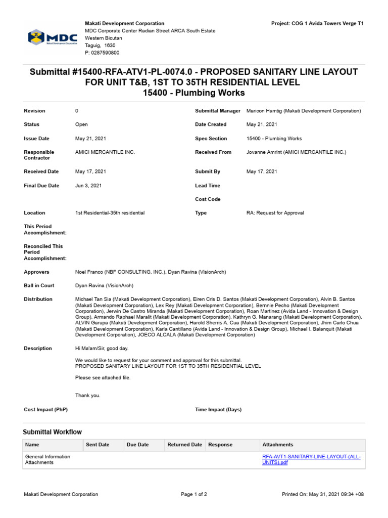 Rfa-Atv1-Pl-0074 Proposed Sanitary Line Layout For Unit T&B, 1st To ...
