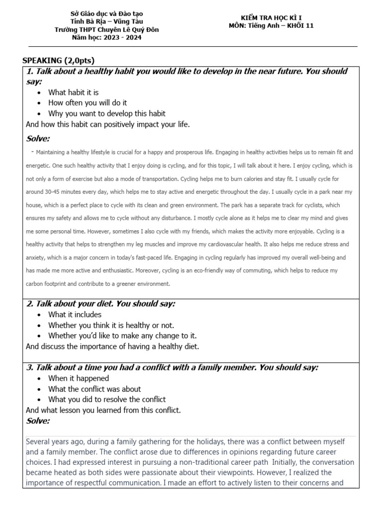 Anh 11 Hk1 Speaking 20232024 Solve | PDF