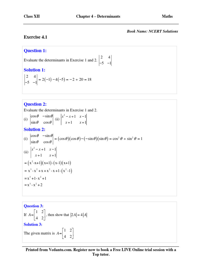 Class XII Determinants Solutions | PDF | Determinant | Triangle