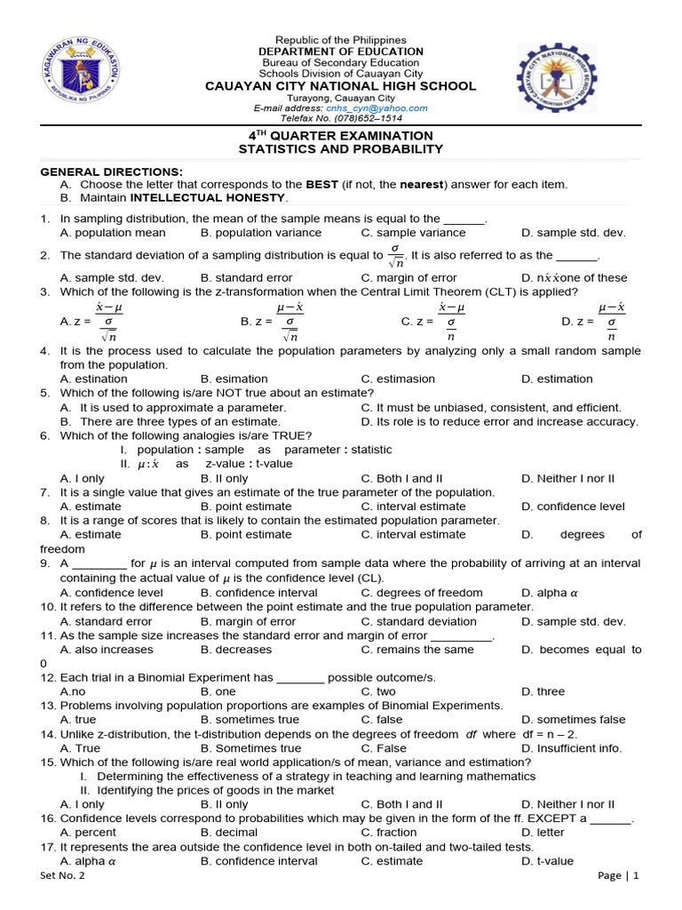 Probstat Exam 4th Quarter 1docx PDF Free | PDF | Estimator | Standard Error
