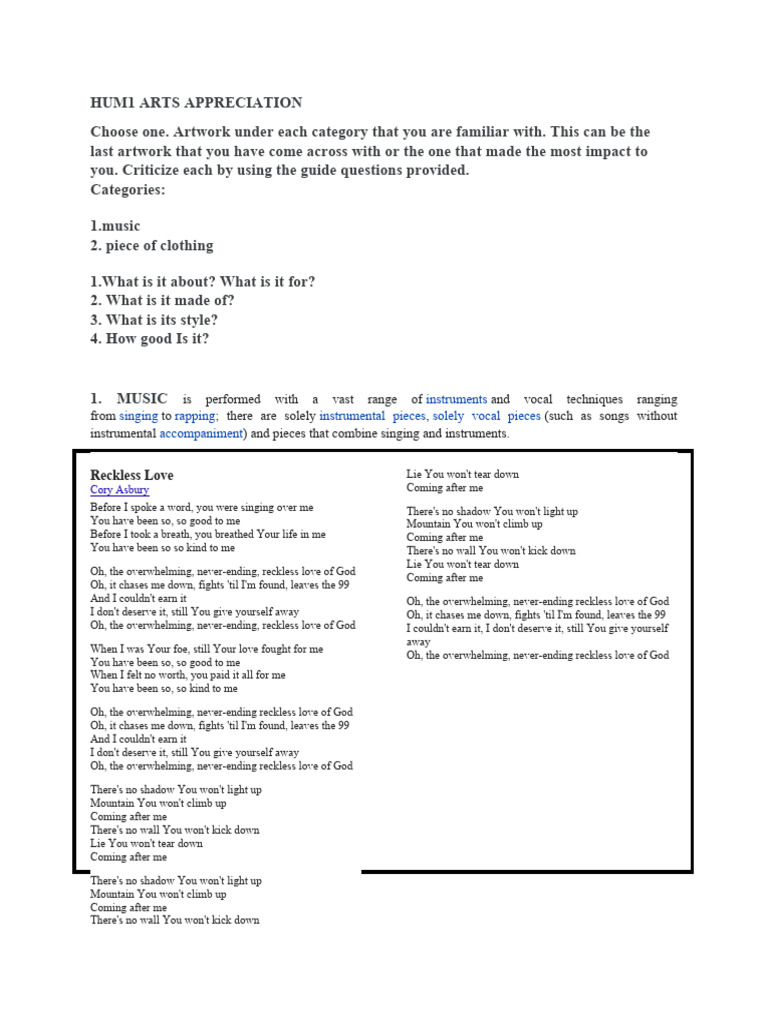 Activity 1 HUM1 | PDF | Song Structure | Clothing