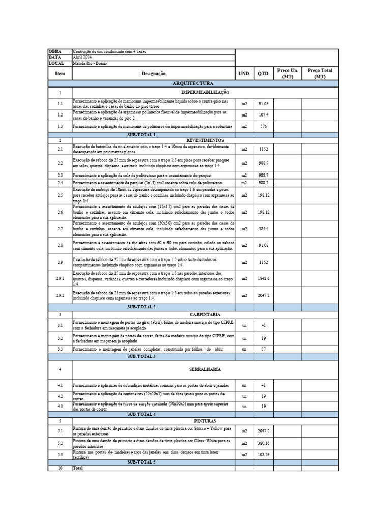 Mapa de Quantidades G2 | PDF | Argamassa (alvenaria) | Engenharia ...