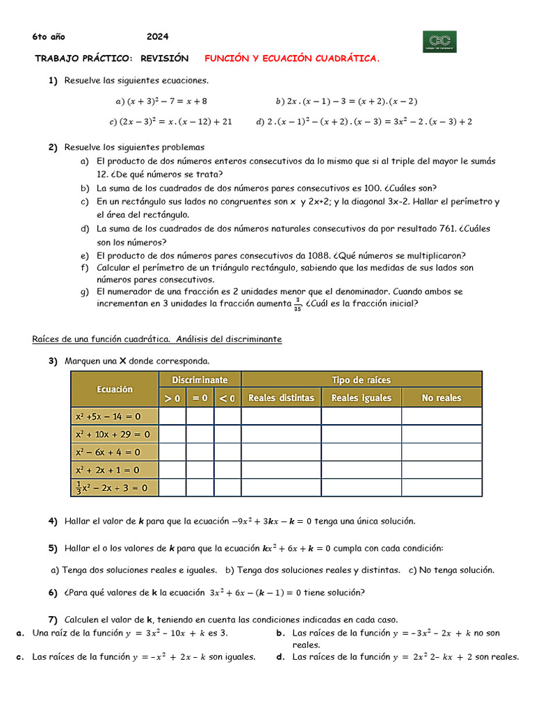 1 - TP Revision Ecuación y Función Cuadrática | PDF | Ecuaciones | Función (Matemáticas)