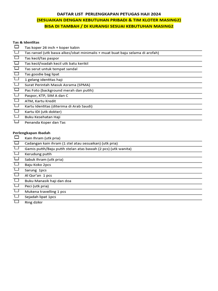 Checklist Perlengkapan Petugas Haji 2024 | PDF | Memasak, Makanan ...