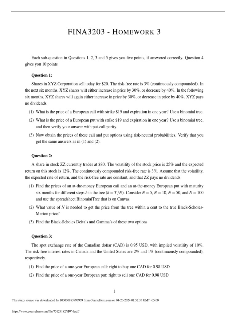 HW 3 PDF | PDF | Black–Scholes Model | Option (Finance)