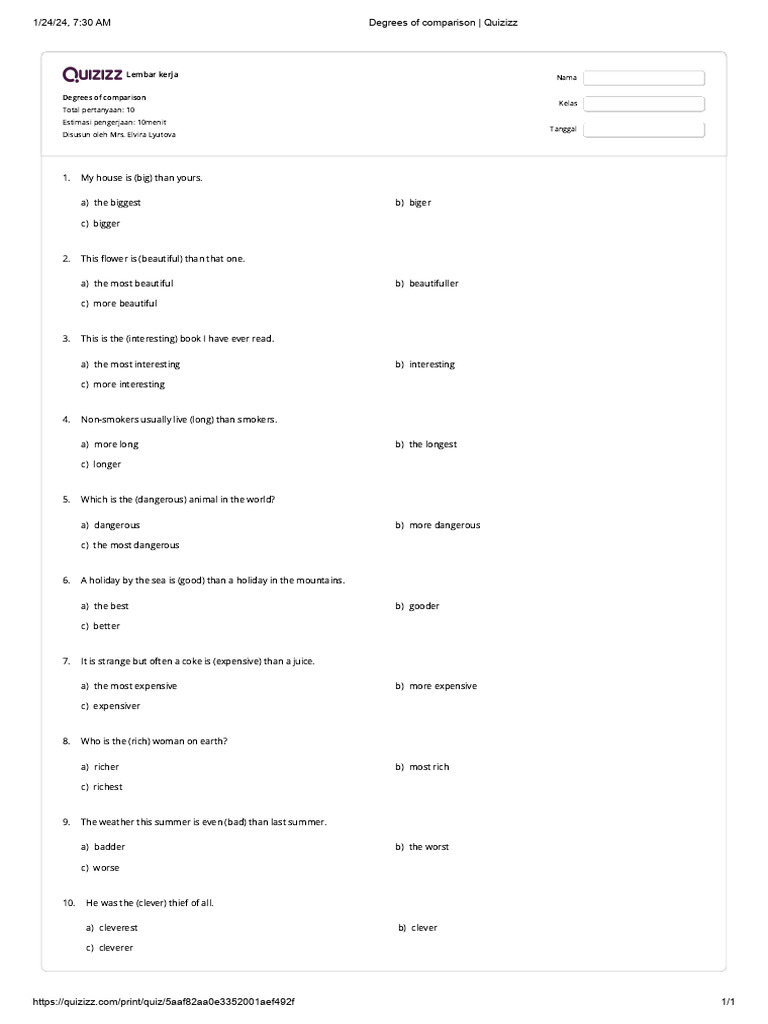 Degrees of comparison _ Quizizz | PDF