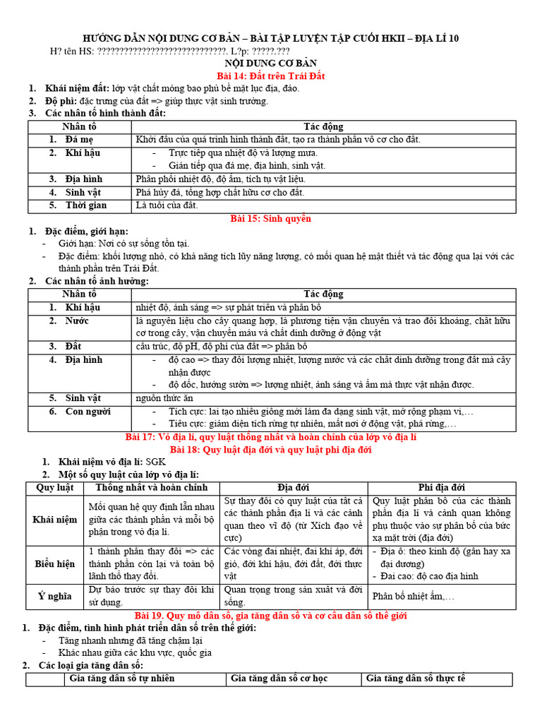 Địa lí 10 - Đề cương chi tiết HKII | PDF