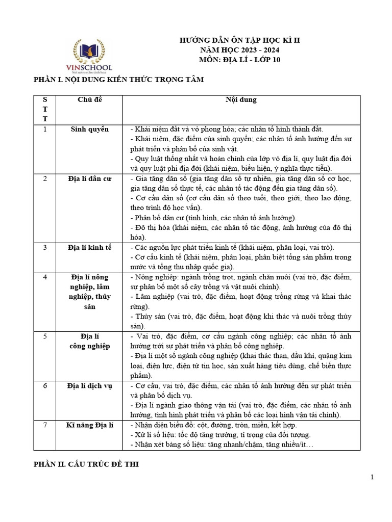 Địa lí 10 - Hướng dẫn ôn tập HKII | PDF