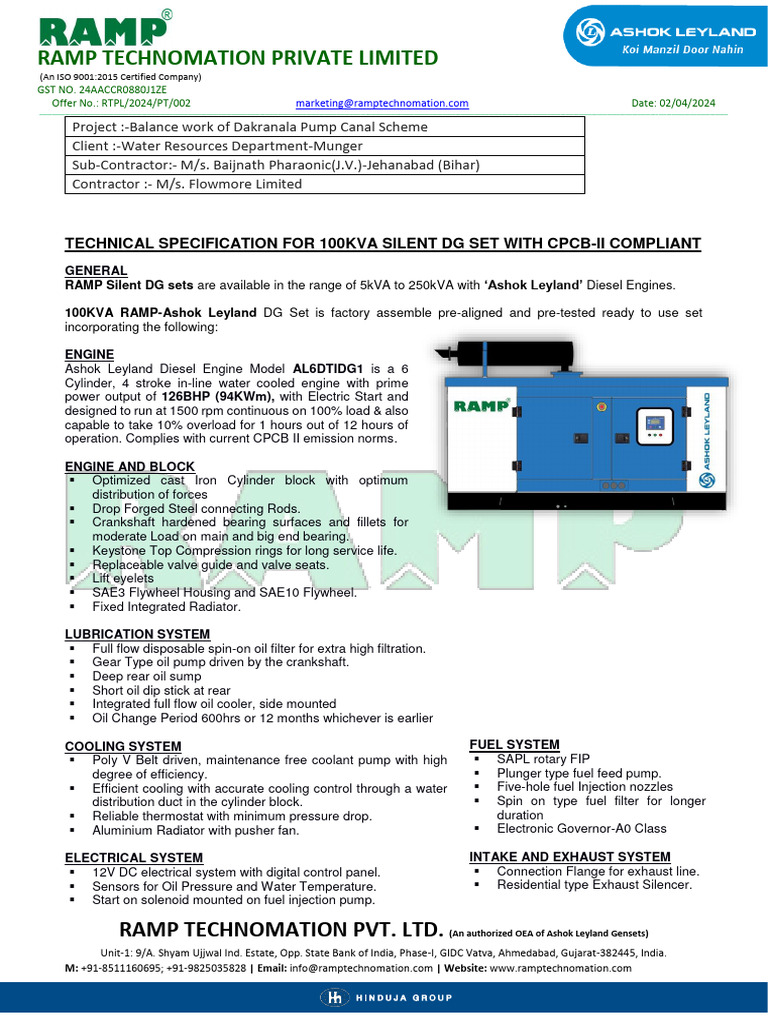 Technical Details 100KVA 3-Phase Ashok Leyland DG Set | PDF | Engines | Pump