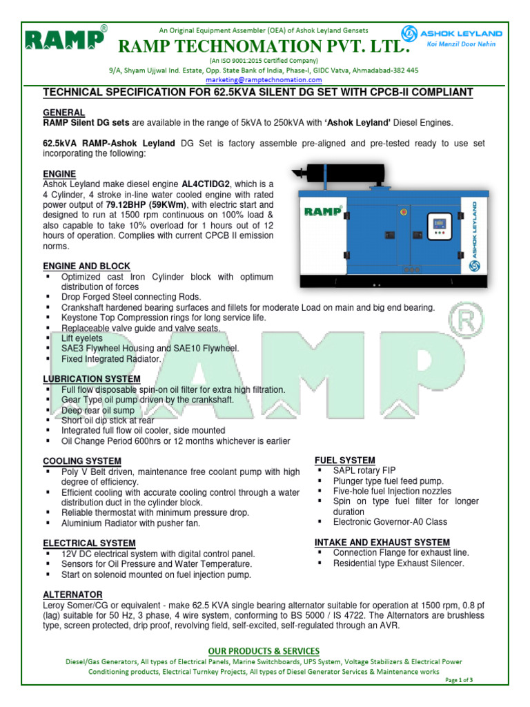 Technical Details For 62.5 KVA DG | PDF | Diesel Engine | Engines