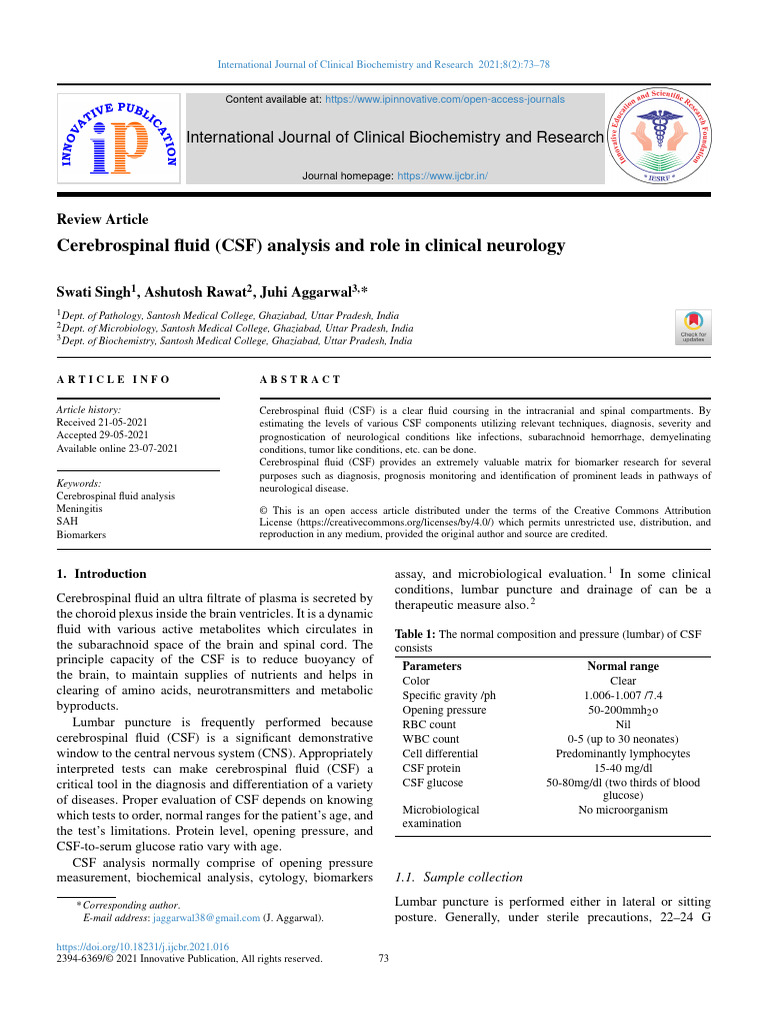 Cerebrospinal Fluid (CSF) Analysis and Role in Clinical Neurology | PDF ...