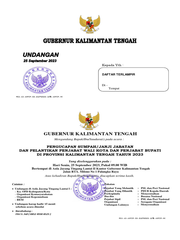 Undangan Pelantikan Pj. Walikota & Pj. Bupati - 2023 | PDF