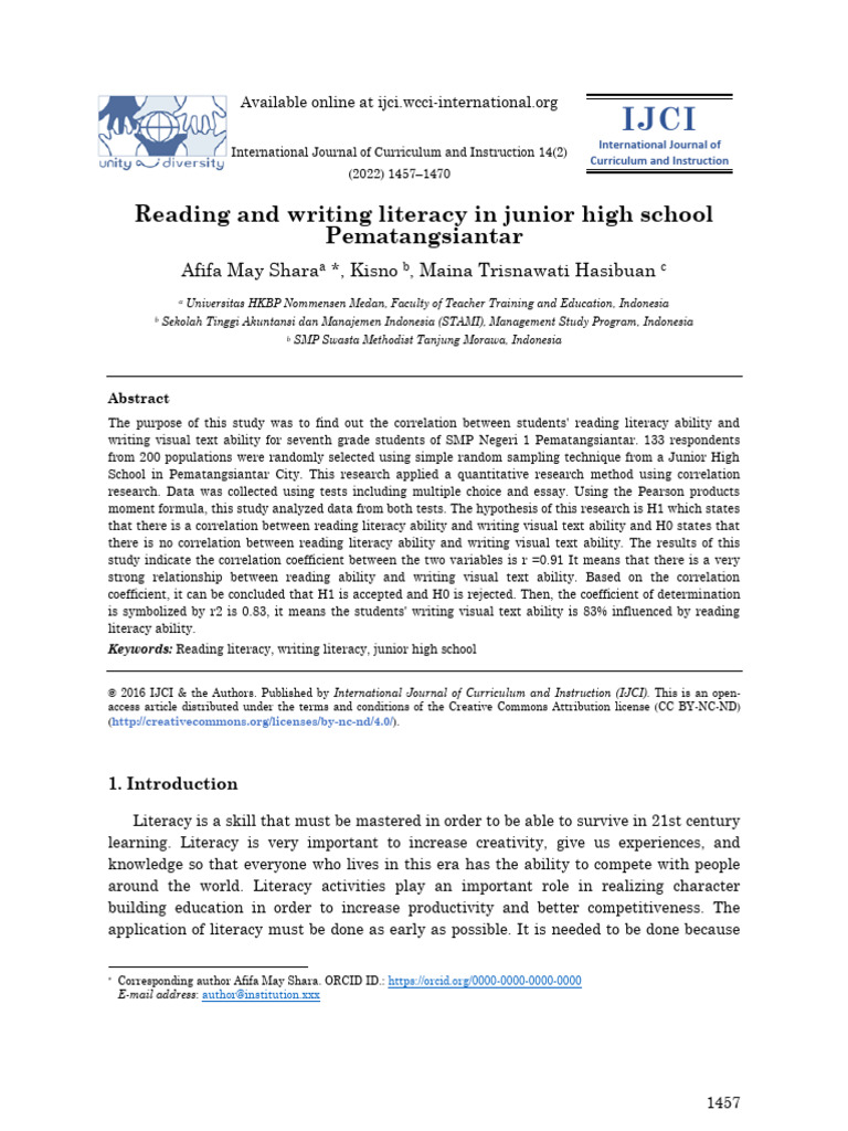 Junior High Literacy Correlation Study | PDF | Literacy | Quantitative ...