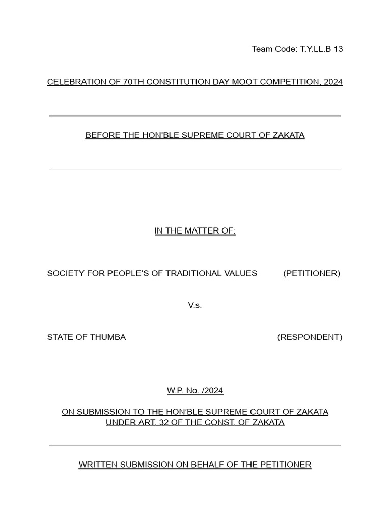 Petitioner Memorial 2024 Jakta Case | Download Free PDF | Freedom Of Religion | Supreme Court Of ...