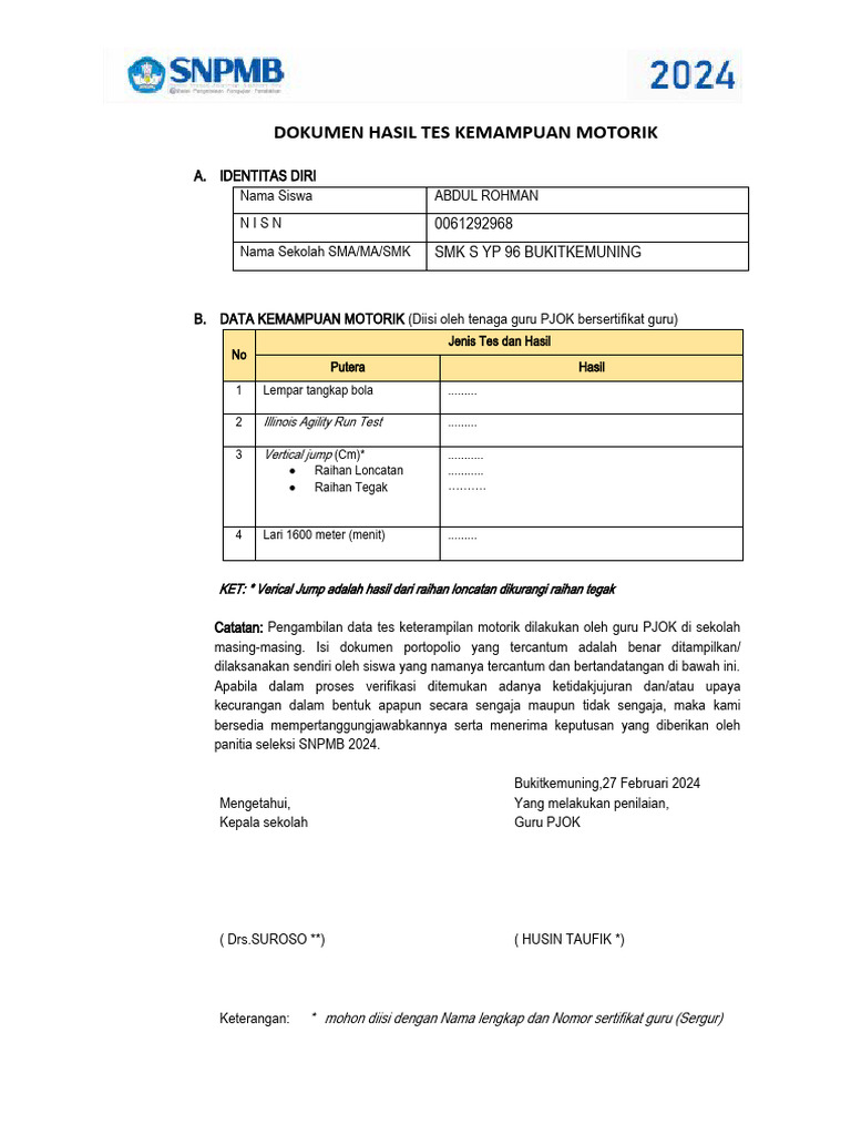 Hasil Tes Motorik Abdul Rohman | PDF