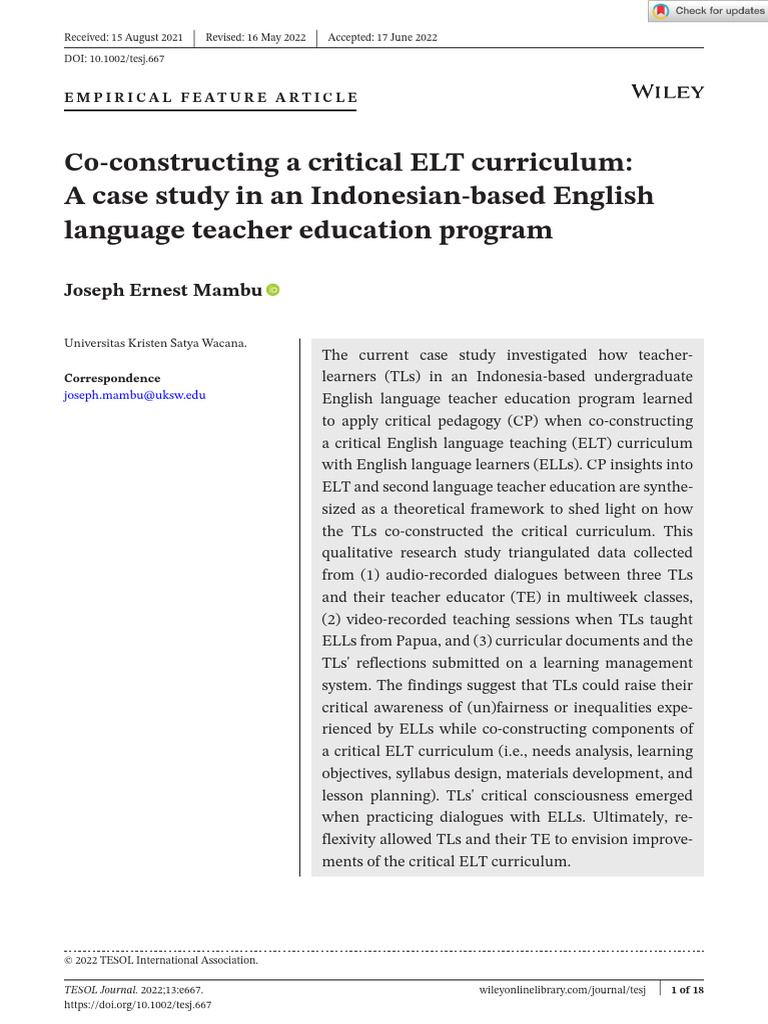 TESOL Journal - 2022 - Mambu - Co - Constructing A Critical ELT ...