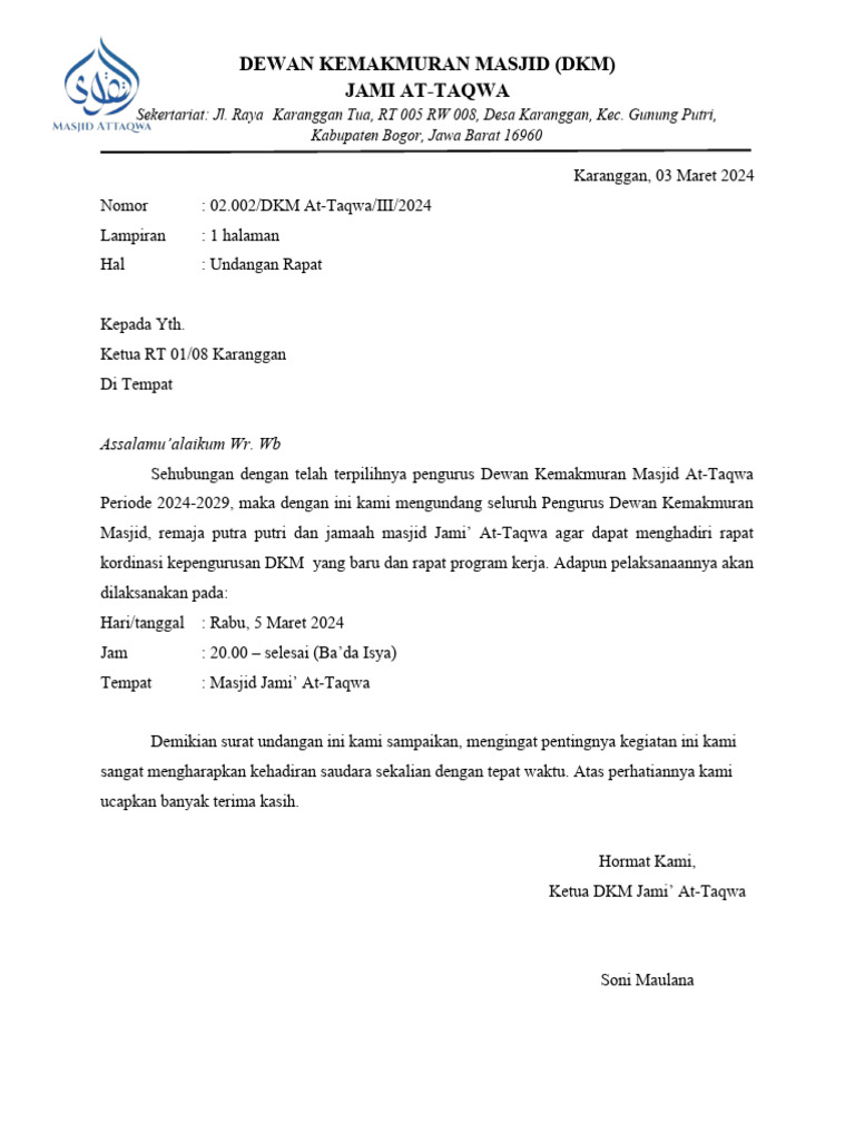 Undangan Rapat DKM Jami At-Taqwa 2024 | PDF