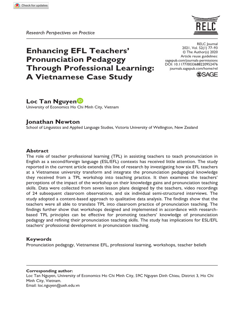 Nguyen Newton 2020 Enhancing Efl Teachers Pronunciation Pedagogy ... Nguyen Newton 2020 Enhancing Efl Teachers Pronunciation Pedagogy ...