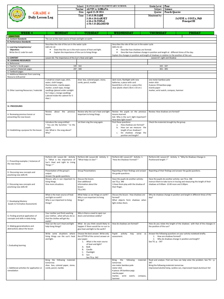 DLL - Science 4 - Q4 - W4 | PDF | Shadow | Learning