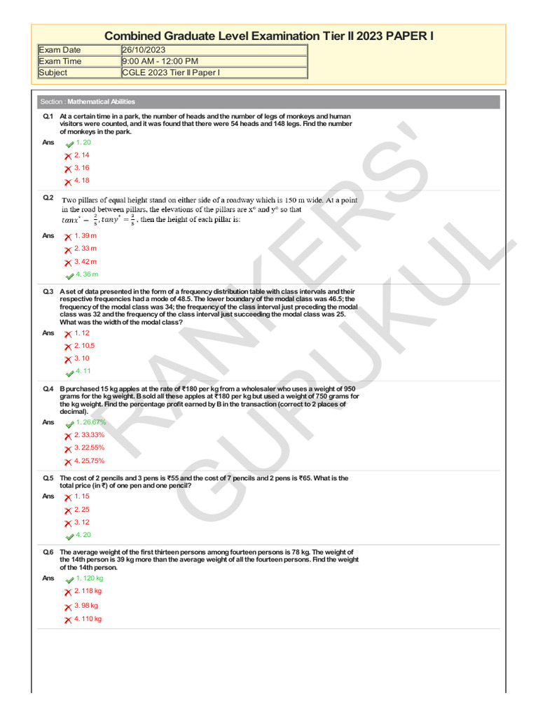 CGL Mains 2023 Eng Answer Key | PDF