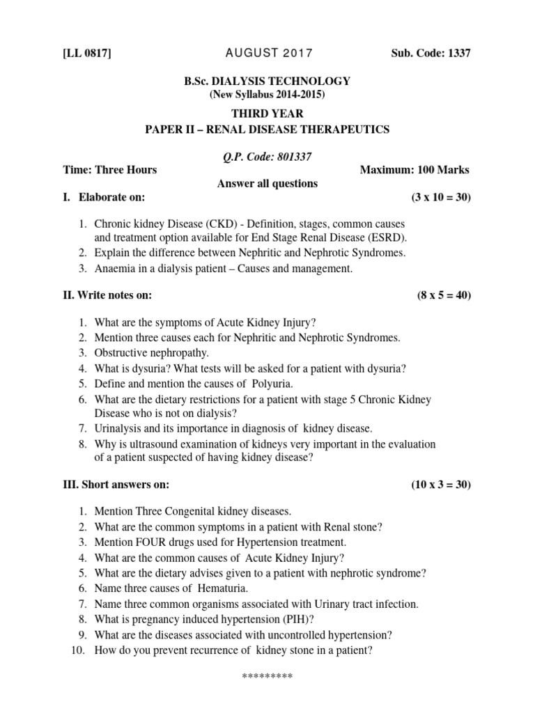 QP BSC Dialysis Technology | PDF | Kidney Disease | Chronic Kidney Disease