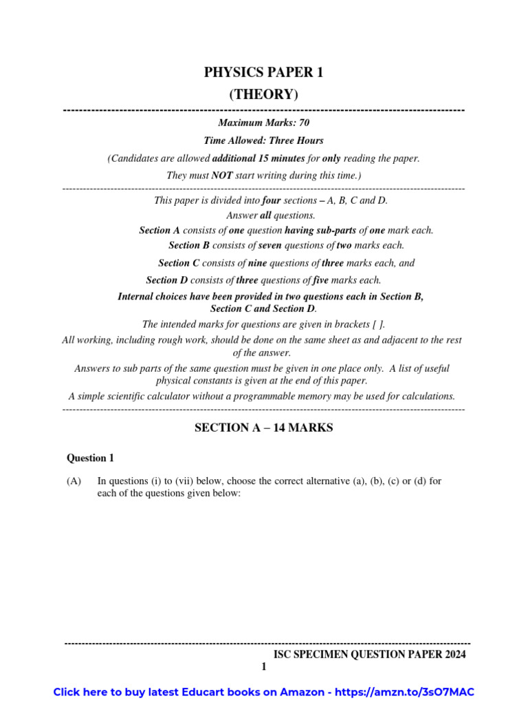 2023-24 ISC Class 12 Physics SQP 1 | PDF | Inductance | Electrical Resistance And Conductance