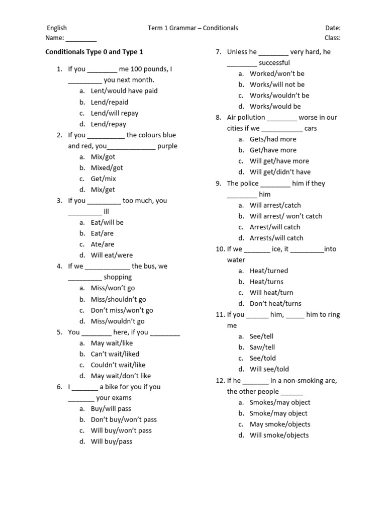 Conditionals Type 0 and Type 1 STUDENT | PDF | Determinants Of Health