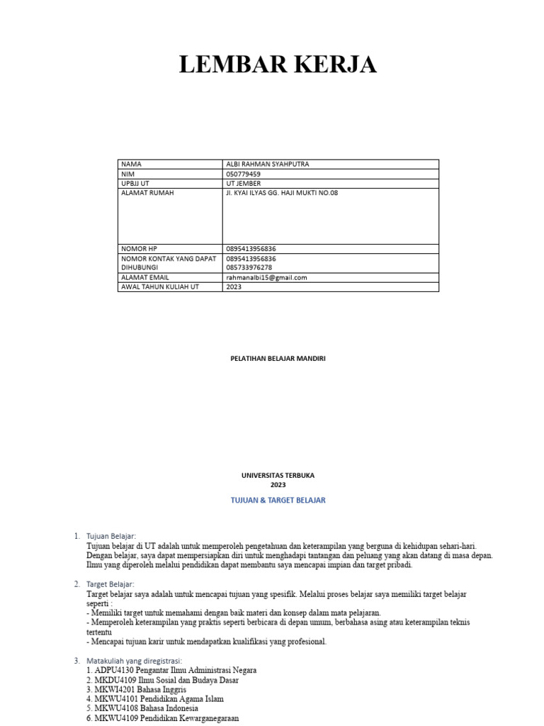 Rencana Belajar Mandiri UT 2023 | PDF