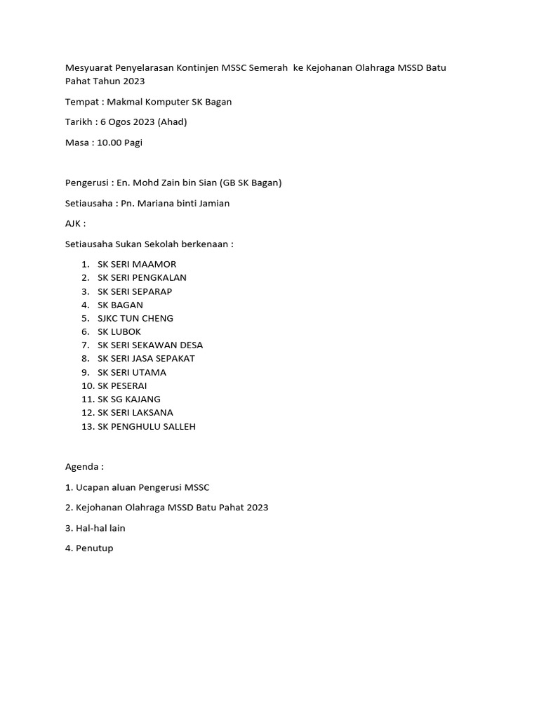 Mesyuarat Penyelarasan Kontinjen MSSC Semerah Ke Kejohanan Olahraga | PDF