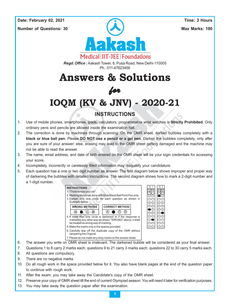 Aakash Ioqm-2021 (02!02!2021) - Ans & Sol - Final (KV & JNV ( | PDF | Numbers | Prime Number