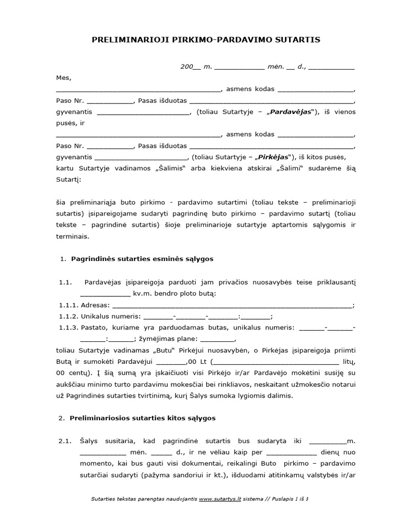 Preliminari Buto Pirkimo Pardavimo Sutartis | PDF