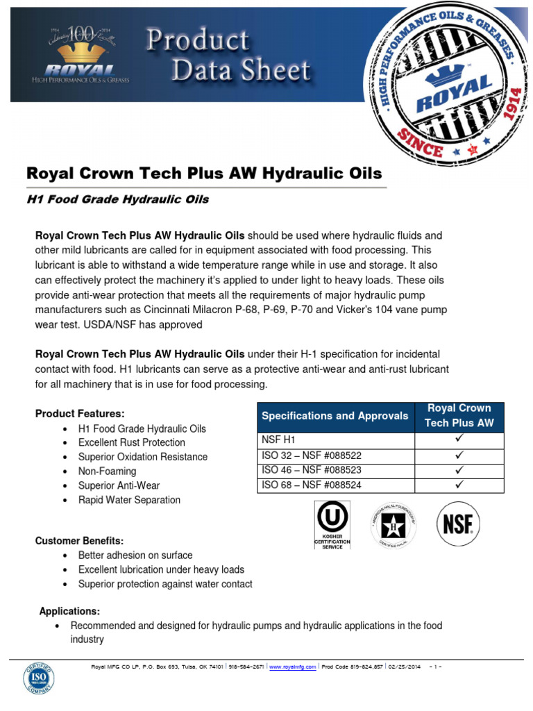 Royal Crown Tech Plus AW Hydraulic Oils | PDF | Lubricant | Viscosity