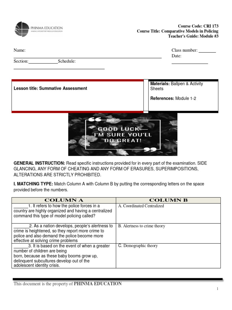 TG 3 Summative Test Cri 17 | PDF | Police