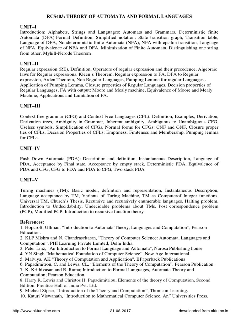 aktu-syllabus-btech-rcs403-theory-of-automata-and-formal-languages | PDF | Theoretical Computer ...