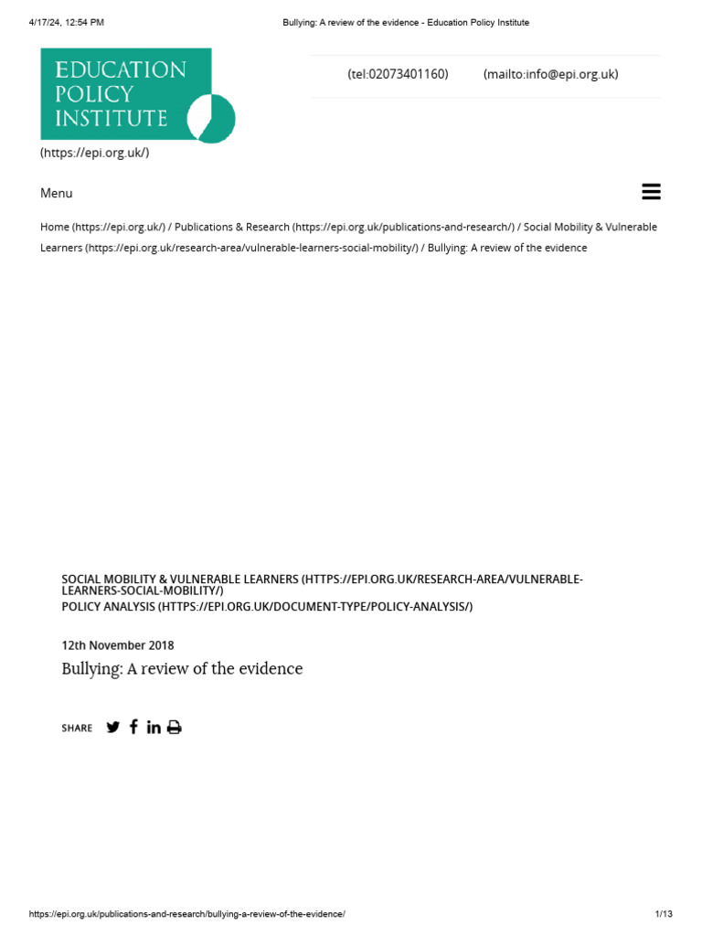 Bullying - A Review of The Evidence - Education Policy Institute | PDF ...