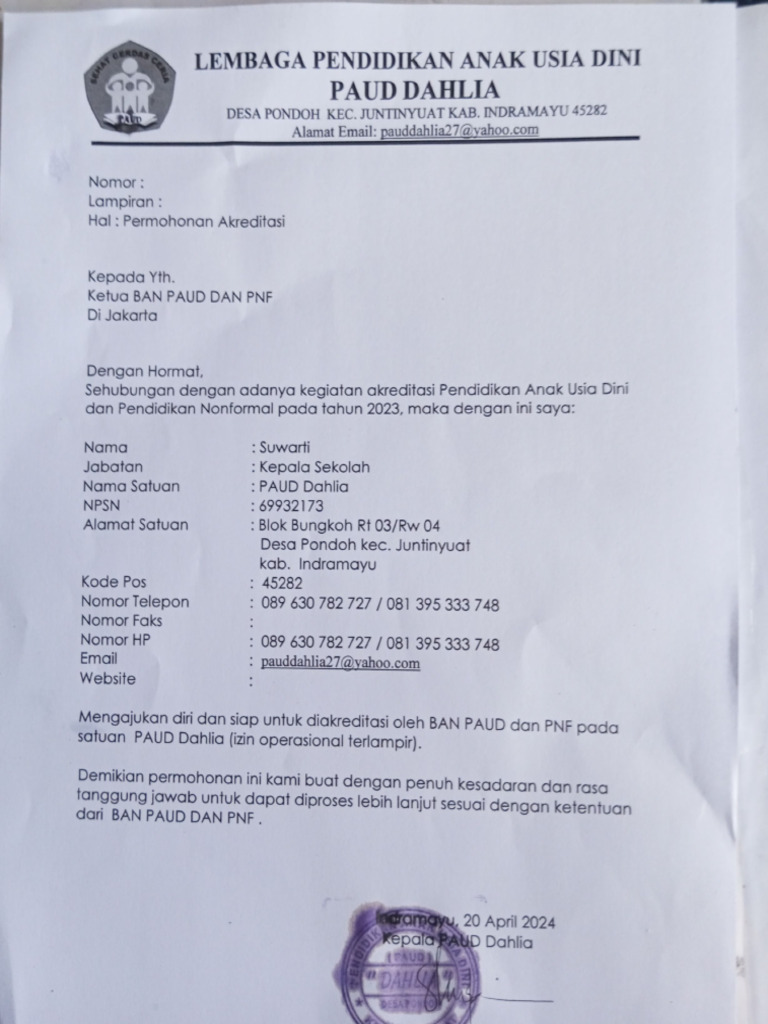 Surat Permohonan Akreditasi P.dahlia | PDF