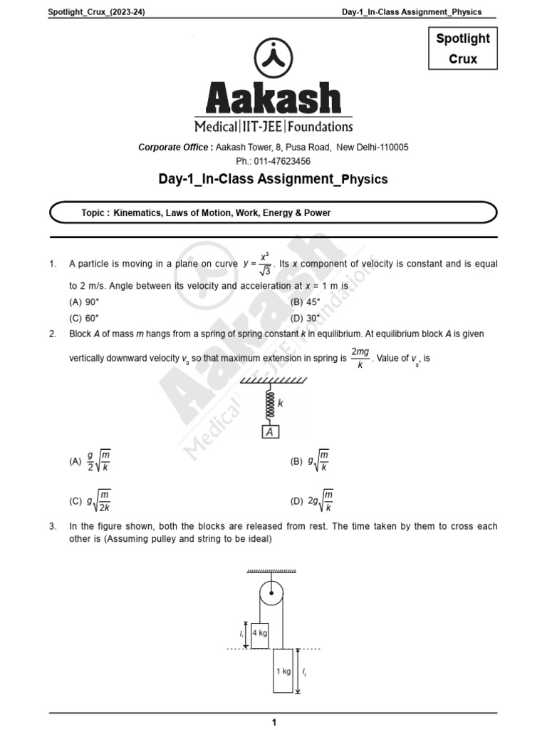 Spotlight - Crux (2023-24) - Day-1 - In-Class Assignment - Physics ...